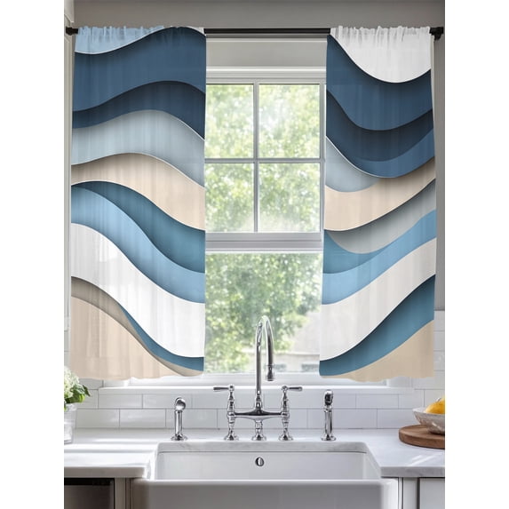 Abstract Blue Khaki Stripe Gradient Chiffon Sheer Curtains 72 Inches ...