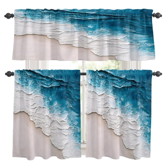 Abstract Blue Kitchen Curtains Set for Windows, Beach Waves Oil ...
