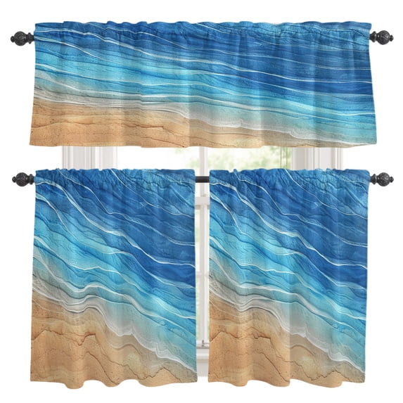 Abstract Blue Kitchen Curtains Set for Windows, Ocean Beach Waves Lines ...