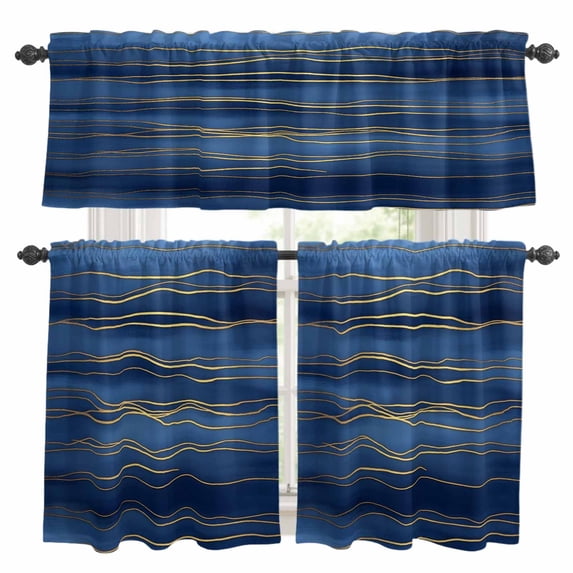 Abstract Blue Kitchen Curtains Set for Windows, Ocean Golden Water ...