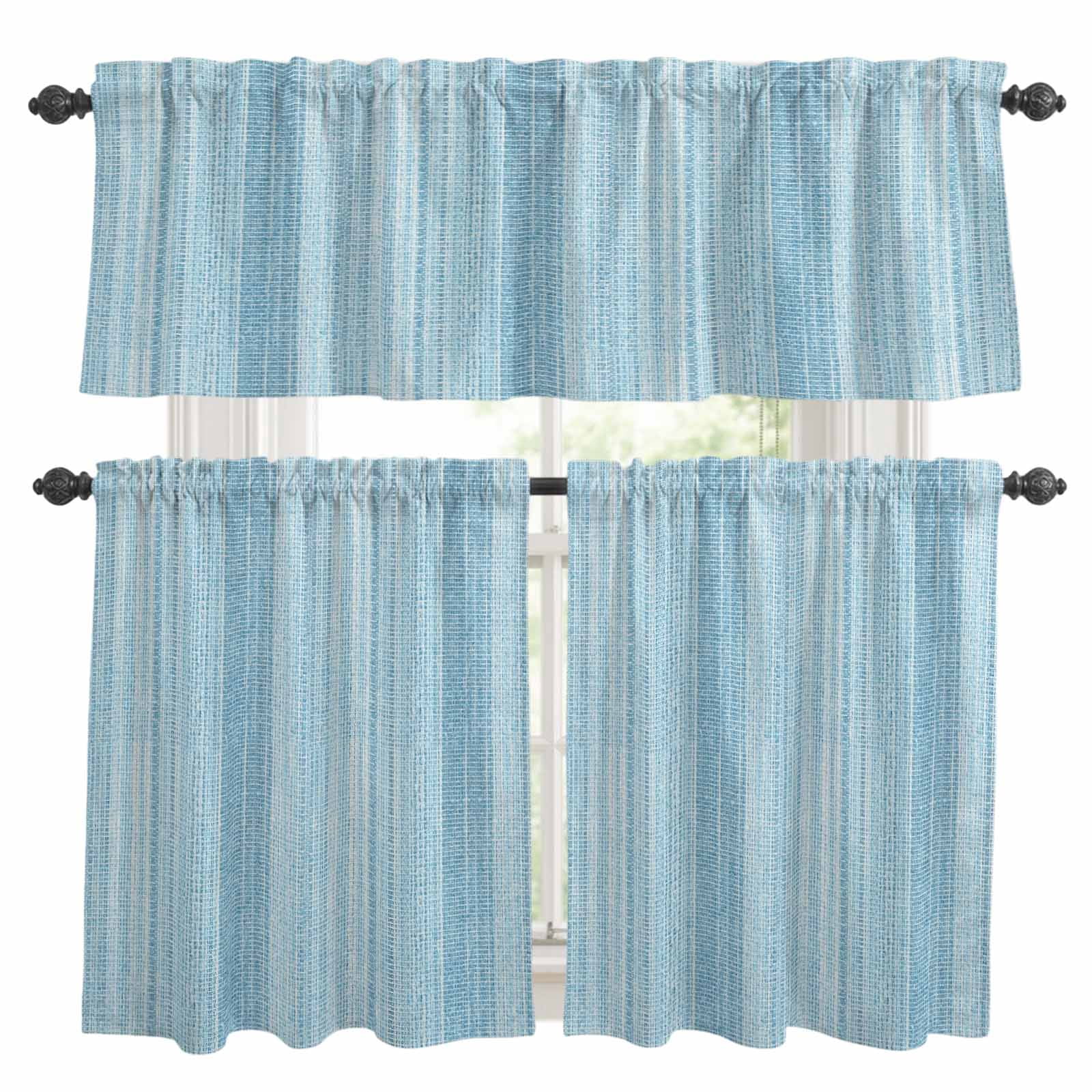 Abstract Blue Kitchen Curtains Set for Windows, Rustic Farmhouse ...