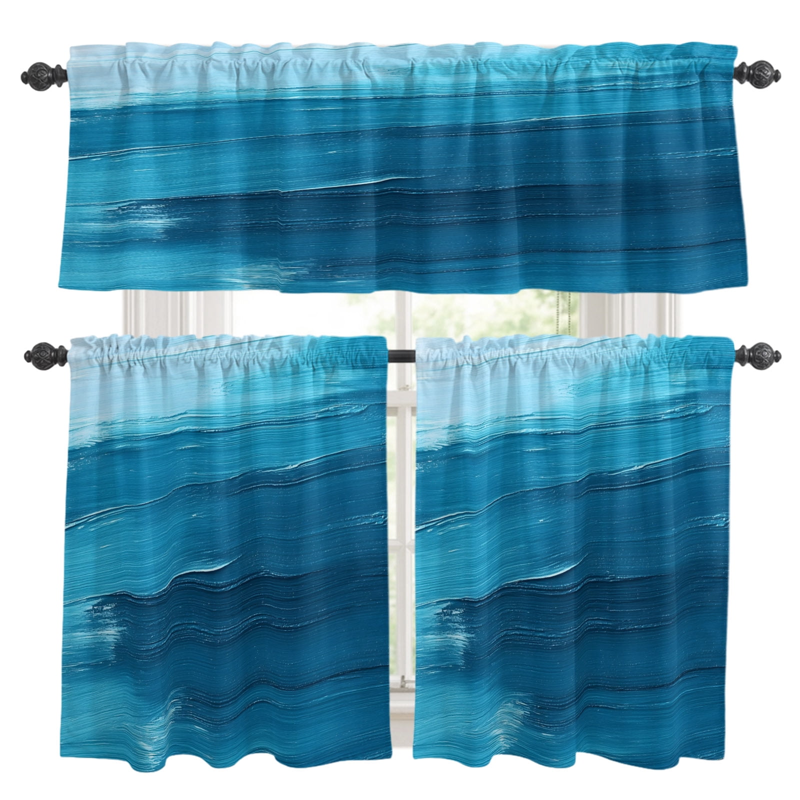 Abstract Blue Kitchen Curtains Valance and Tier Set Sea Ripples Ombre ...