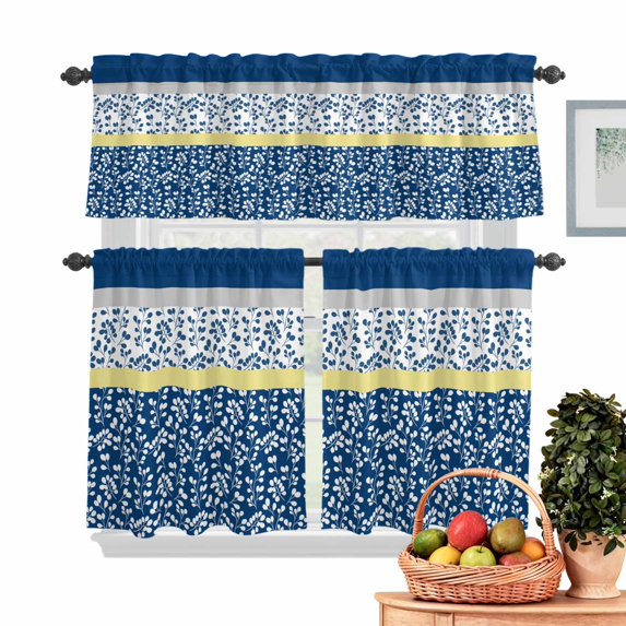 Abstract Blue Kitchen Curtains Valances 3 Piece Set, Yellow Stripes ...