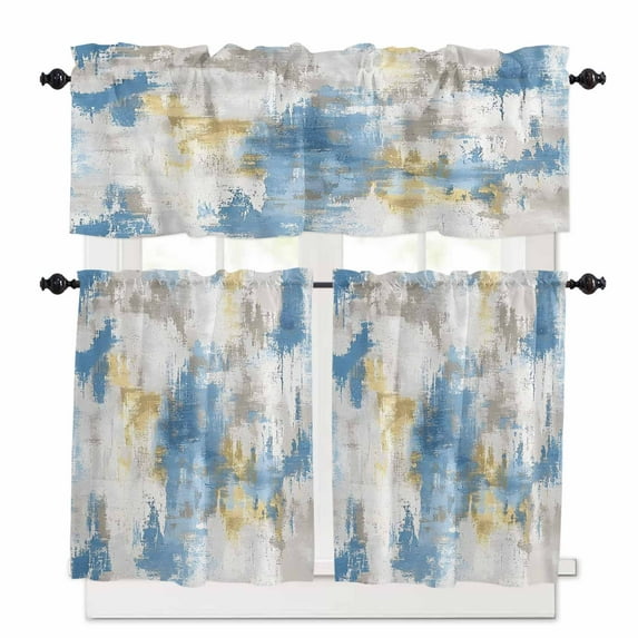 Abstract Blue Kitchen Curtains Valances and Tiers Set of 3, 24 Inch ...