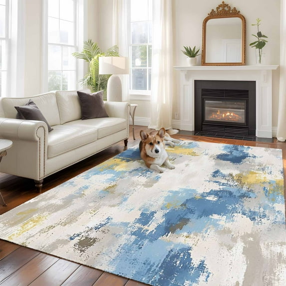 Abstract Blue Large Area Rugs 8x10 ft Gray Yellow Mottled Texture ...