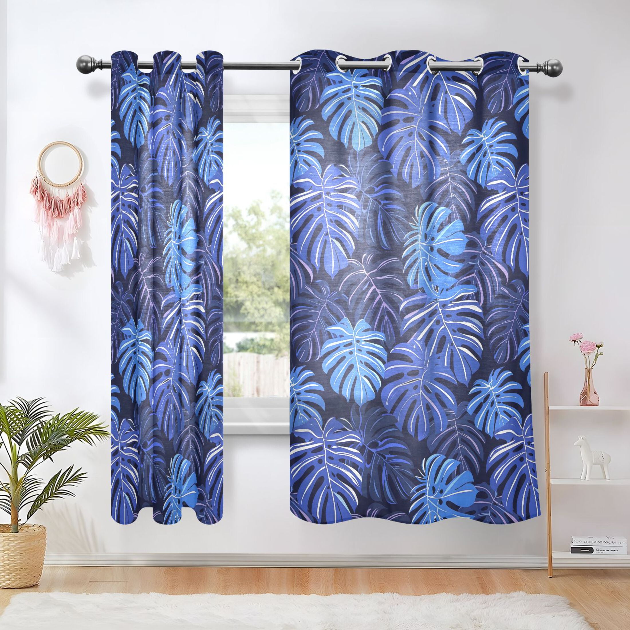 Abstract Blue Leaf Sheer Curtains 2 Panels Set Grommet Drapes for ...