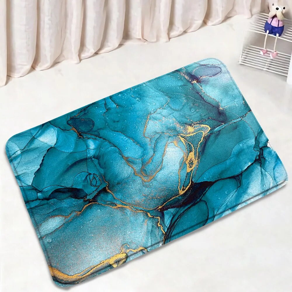 Abstract Blue Marble Bath Mat Set Gold Line Texture Geometric Pattern ...