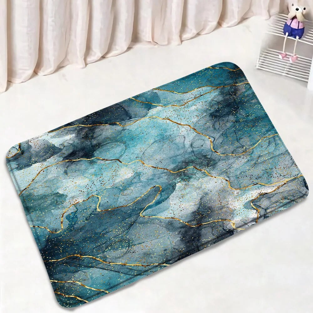 Abstract Blue Marble Bath Mat Set Gold Line Texture Geometric Pattern ...
