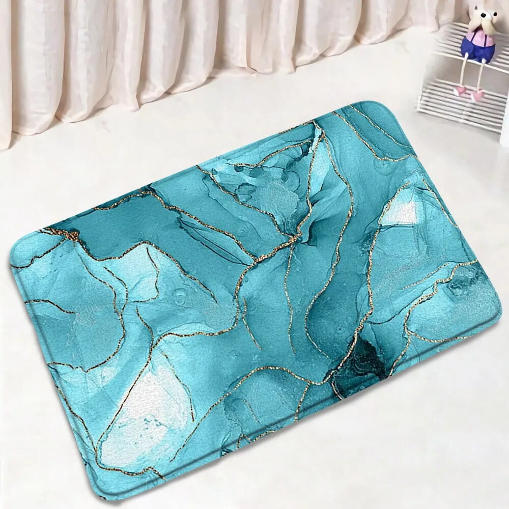 Abstract Blue Marble Bath Mat Set Gold Line Texture Modern Home Carpet ...