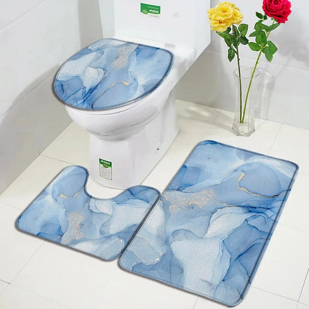 Abstract Blue Marble Bath Mat Set Gold Line Texture Modern Home Carpet ...