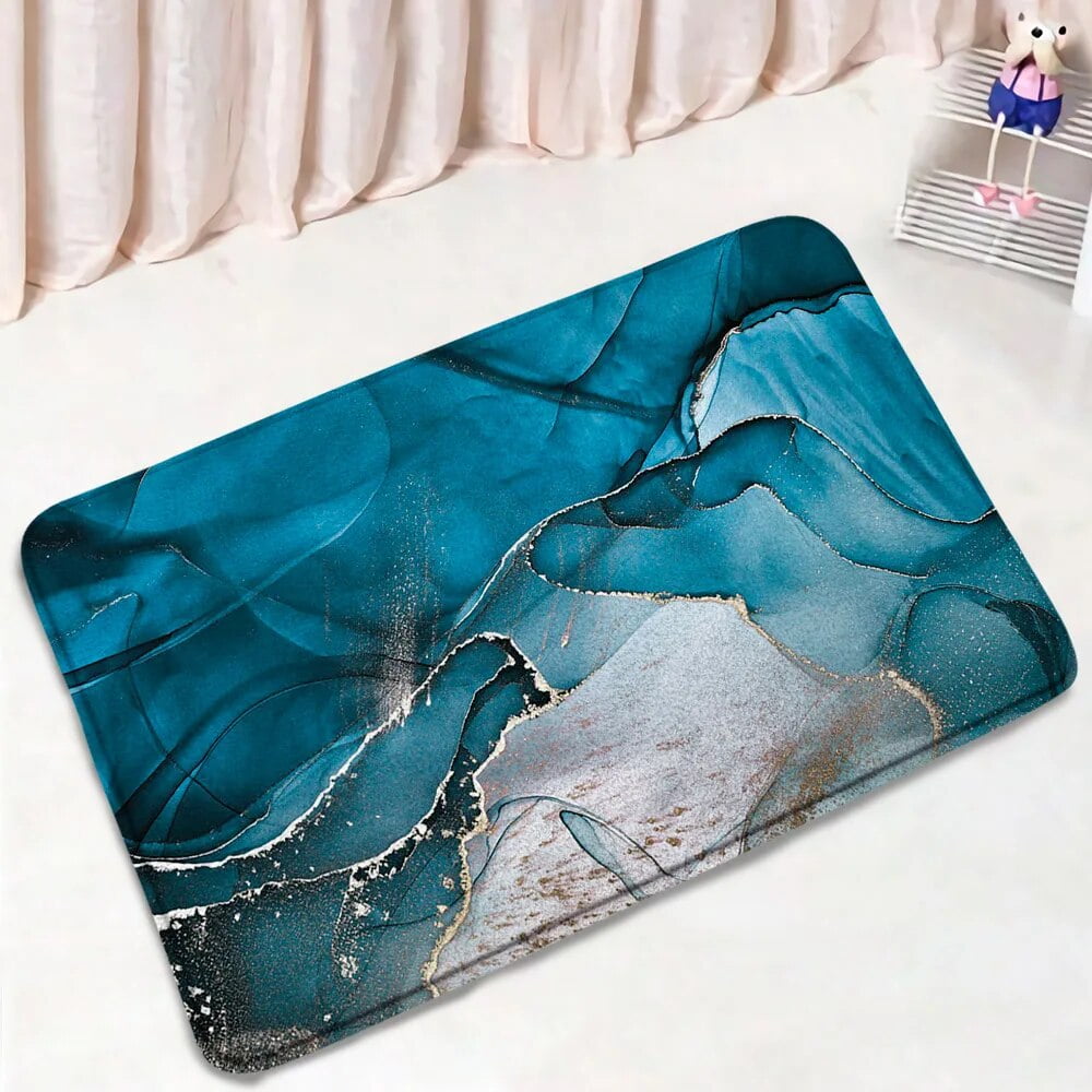 Abstract Blue Marble Bath Mat Set Gold Line Texture Modern Home Carpet ...