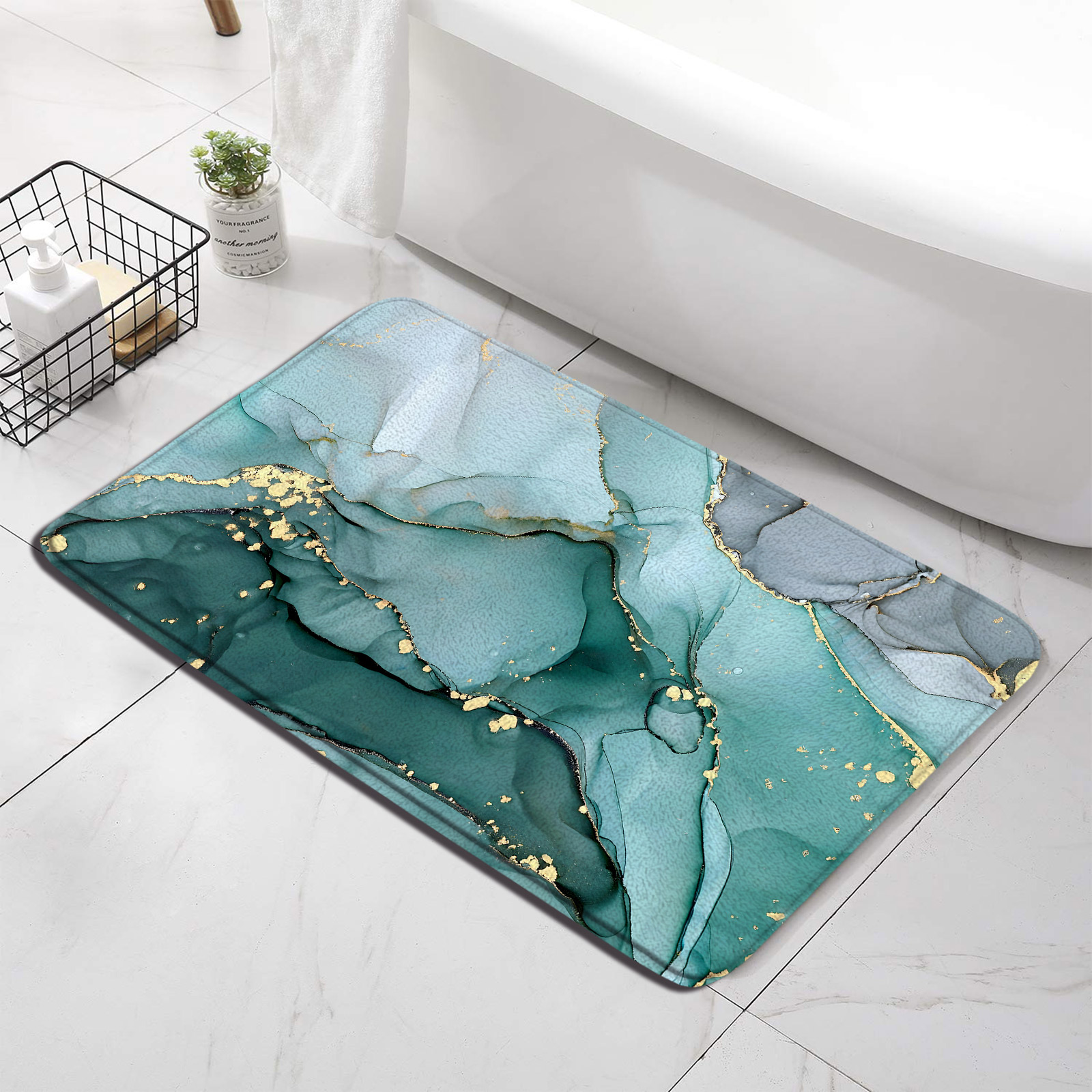 Abstract Blue Marble Bath Mat Set Grey Blue Ink Art Texture Modern Home ...