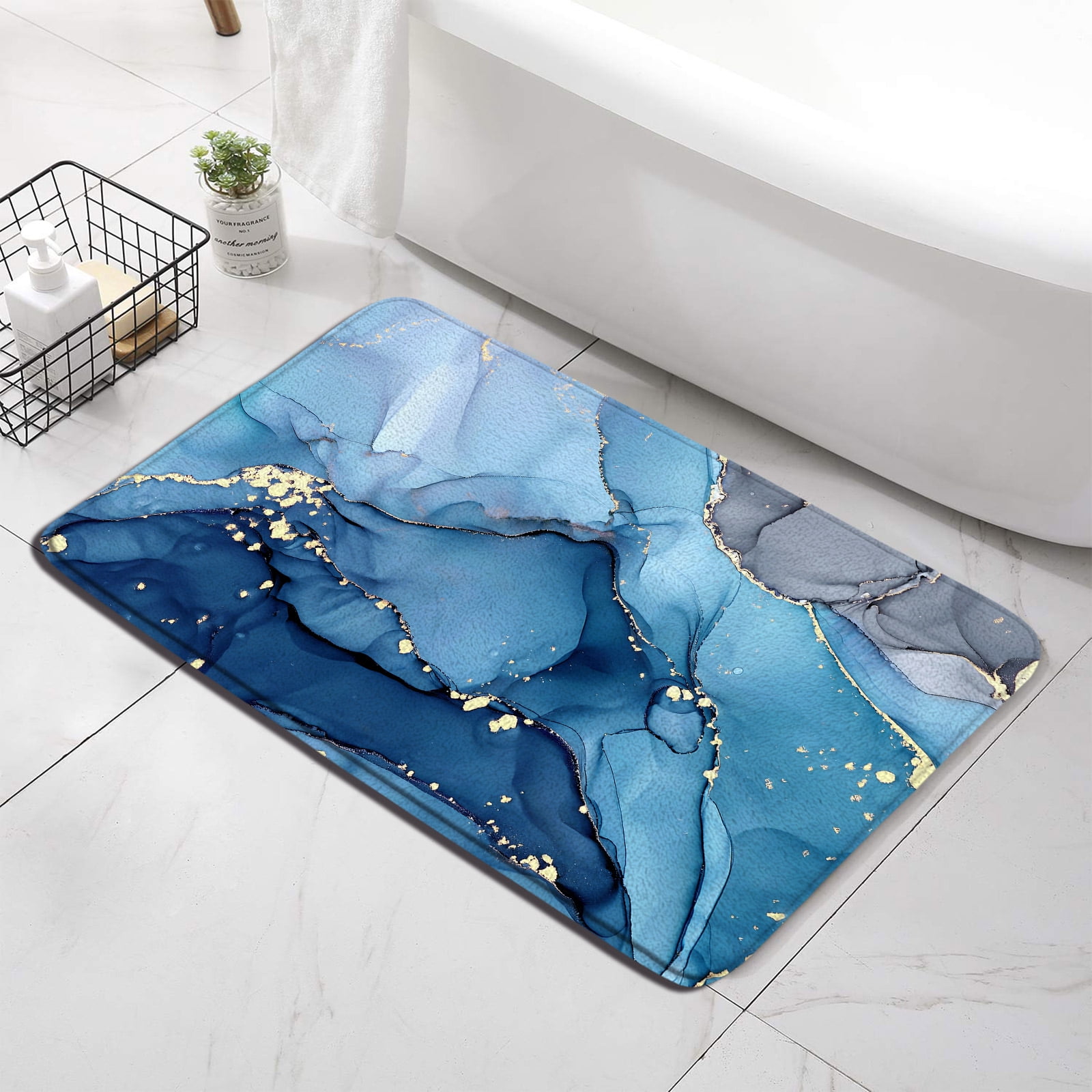 Abstract Blue Marble Bath Mat Set Grey Blue Ink Art Texture Modern Home ...