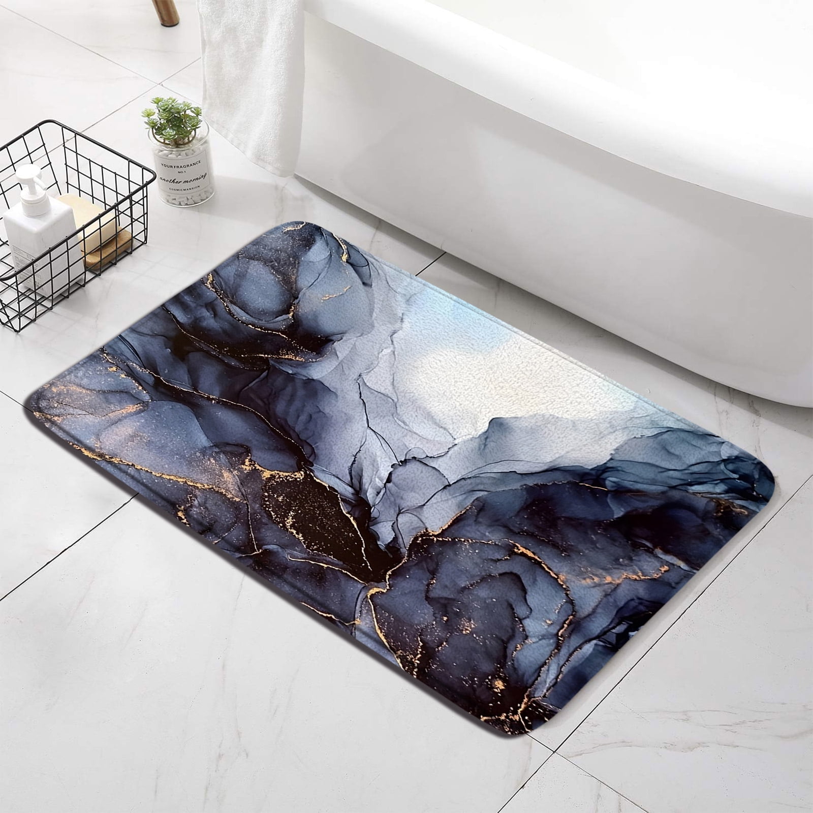 Abstract Blue Marble Bath Mat Set Grey Blue Ink Art Texture Modern Home ...