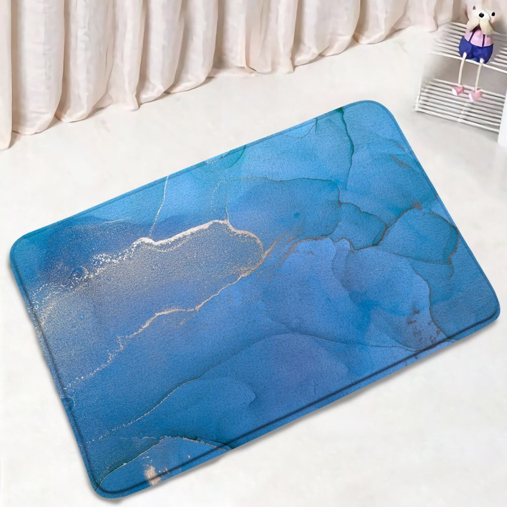 Abstract Blue Marble Bath Mat Set Watercolour Art Pattern Modern ...