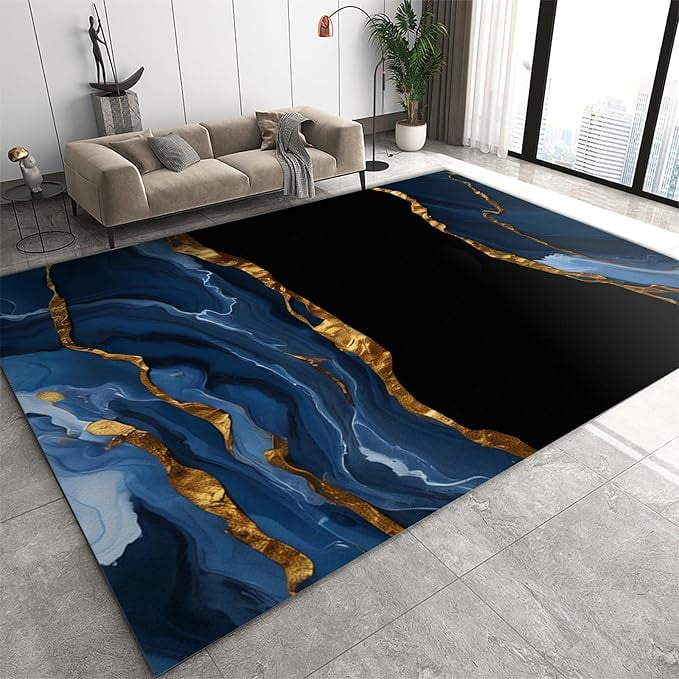Abstract Blue Marble Washable Area Rug, Light Luxury Black Gold Ripple ...