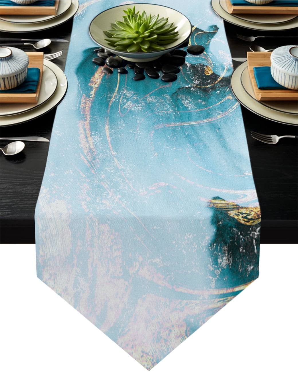 Abstract Blue Marbling Table Runner Country Wedding r Cake Tablecloth ...