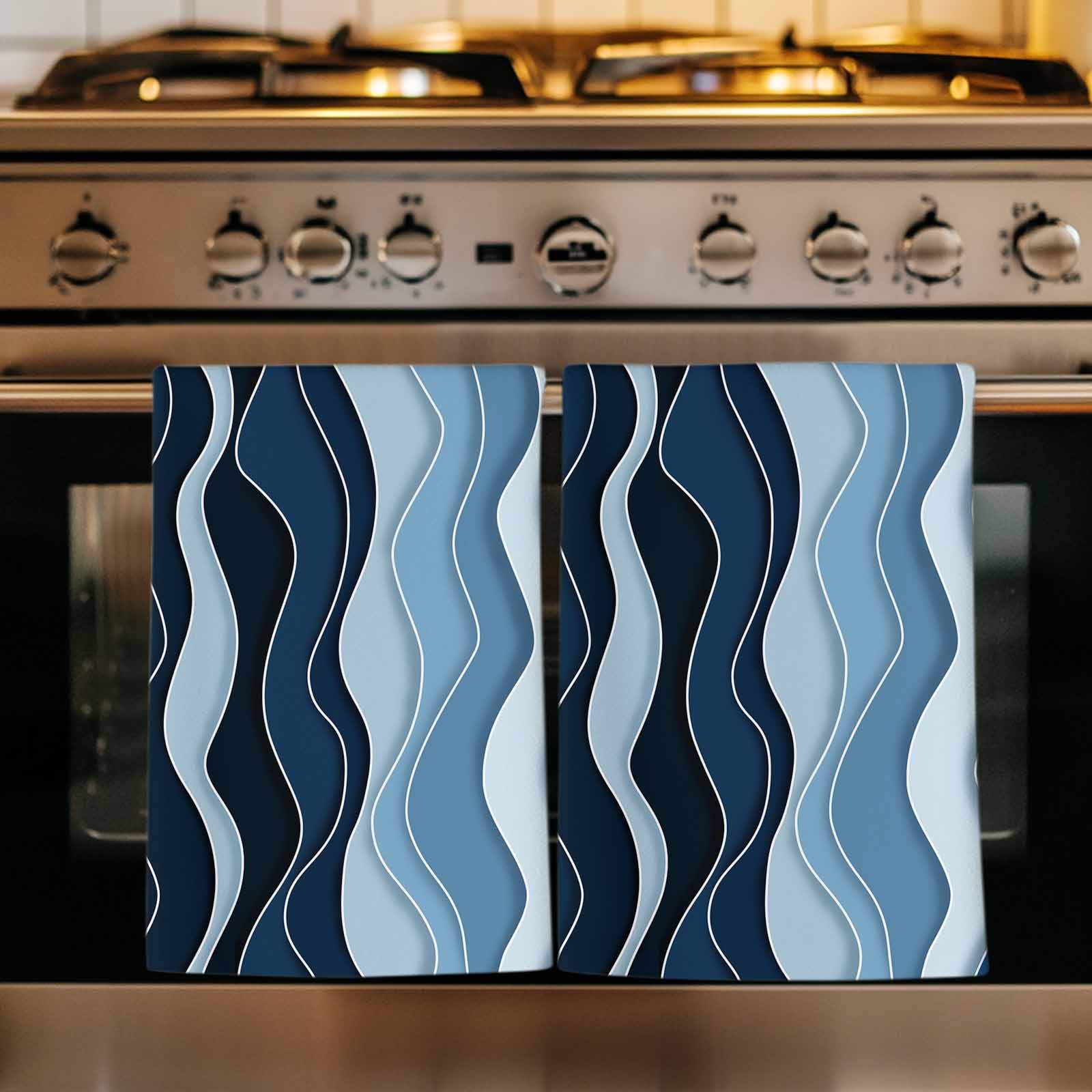 Abstract Blue Moire Kitchen Towels Set of 4, Gradient Coastal Ocean ...