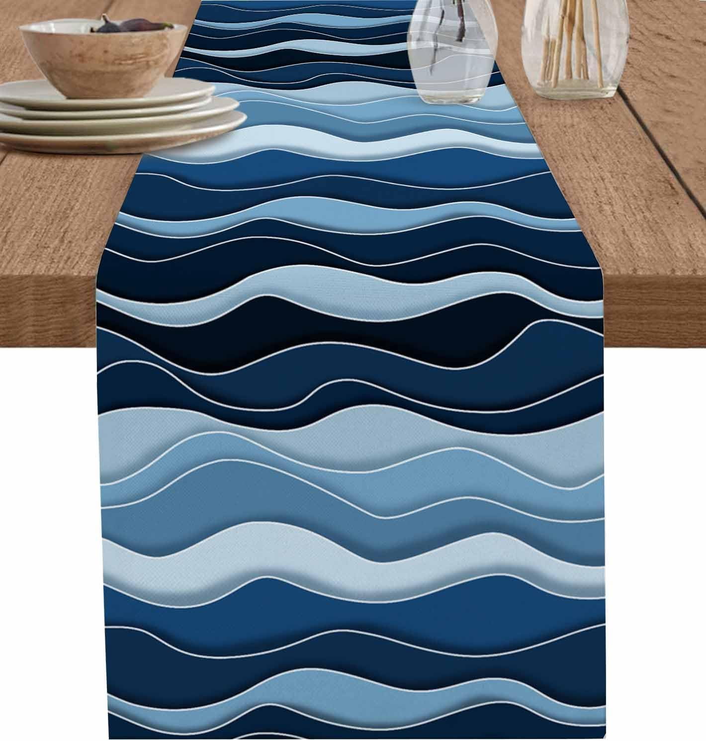 Abstract Blue Moire Short Table Runners 48 Inches, Cotton Linen Fabric ...