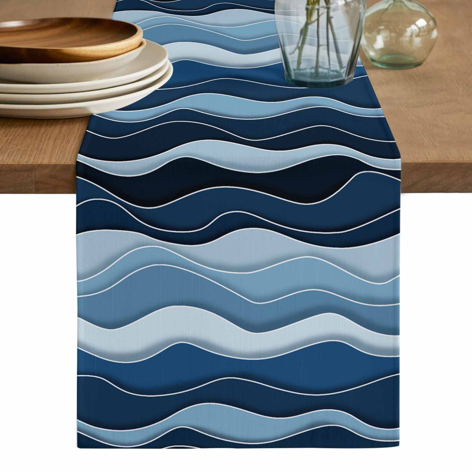 Abstract Blue Moire Table Runner, Gradient Coastal Ocean Geometric ...