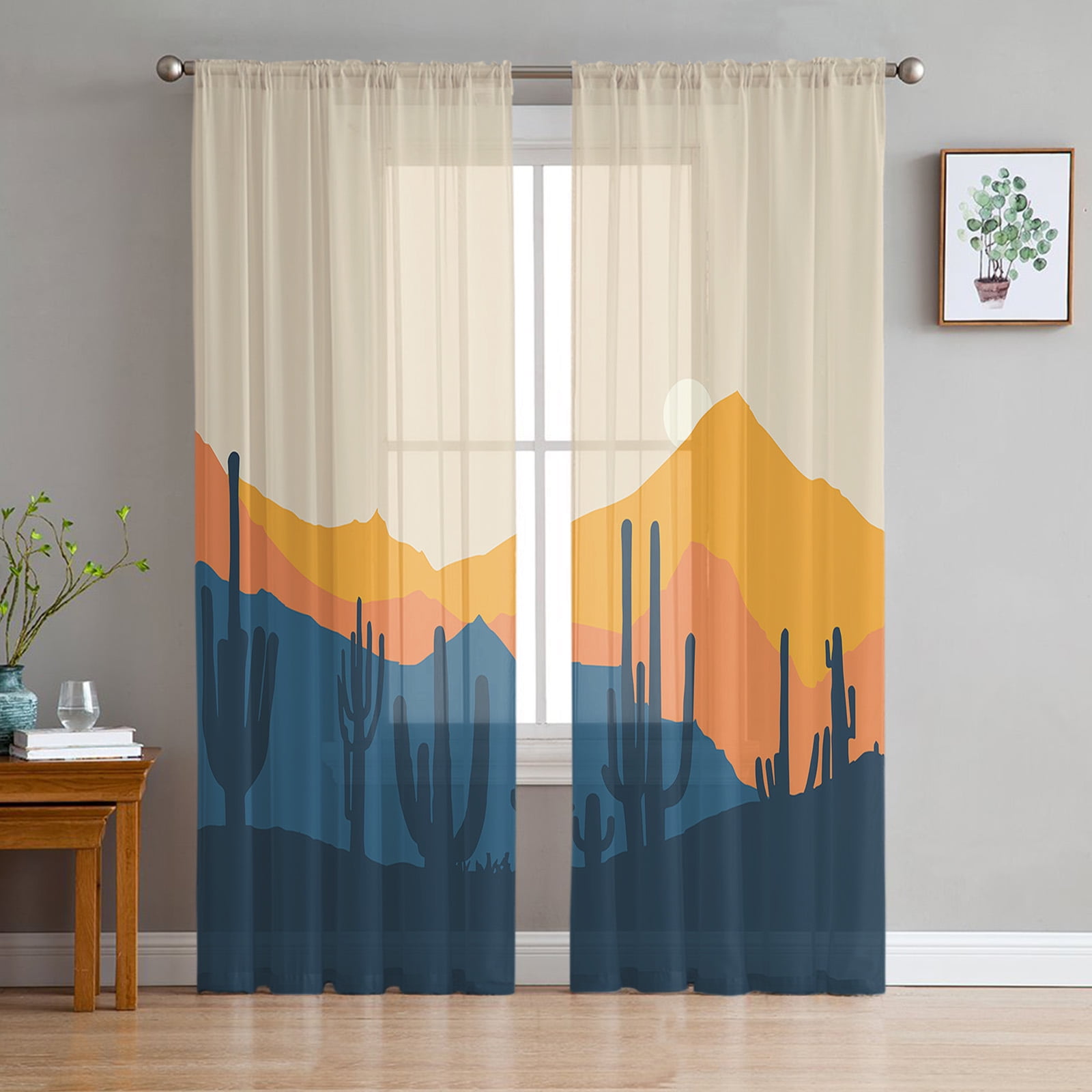 Abstract Blue Mountain White Chiffon Sheer Curtains for Living Room ...