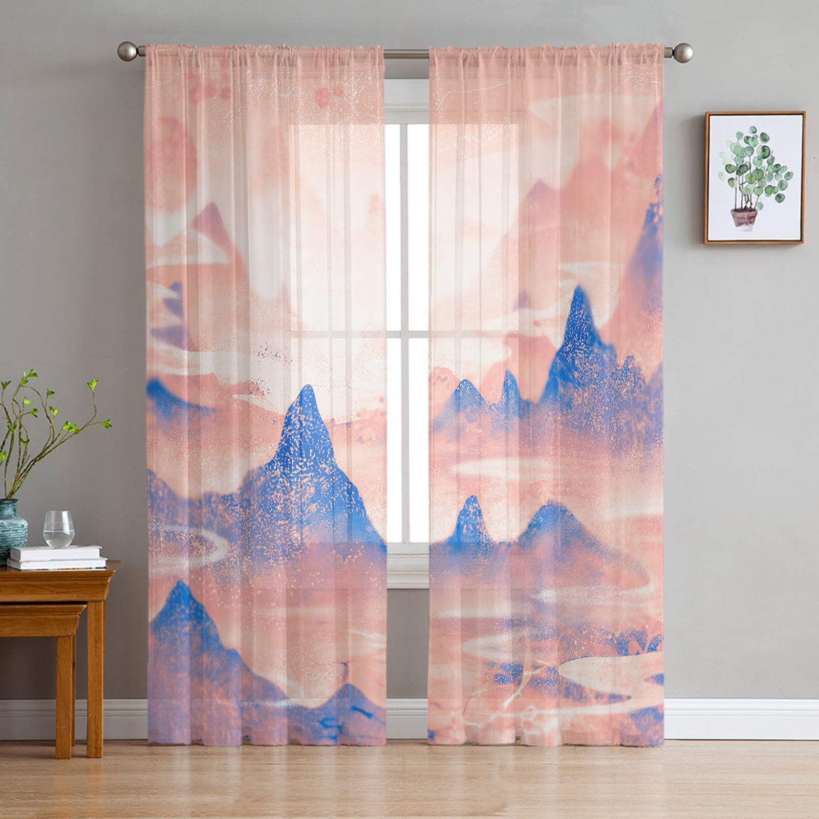 Abstract Blue Mountain White Chiffon Sheer Curtains for Living Room ...