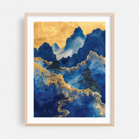 Abstract Blue Mountains with Gold Accents and River - Painting Abstract ...