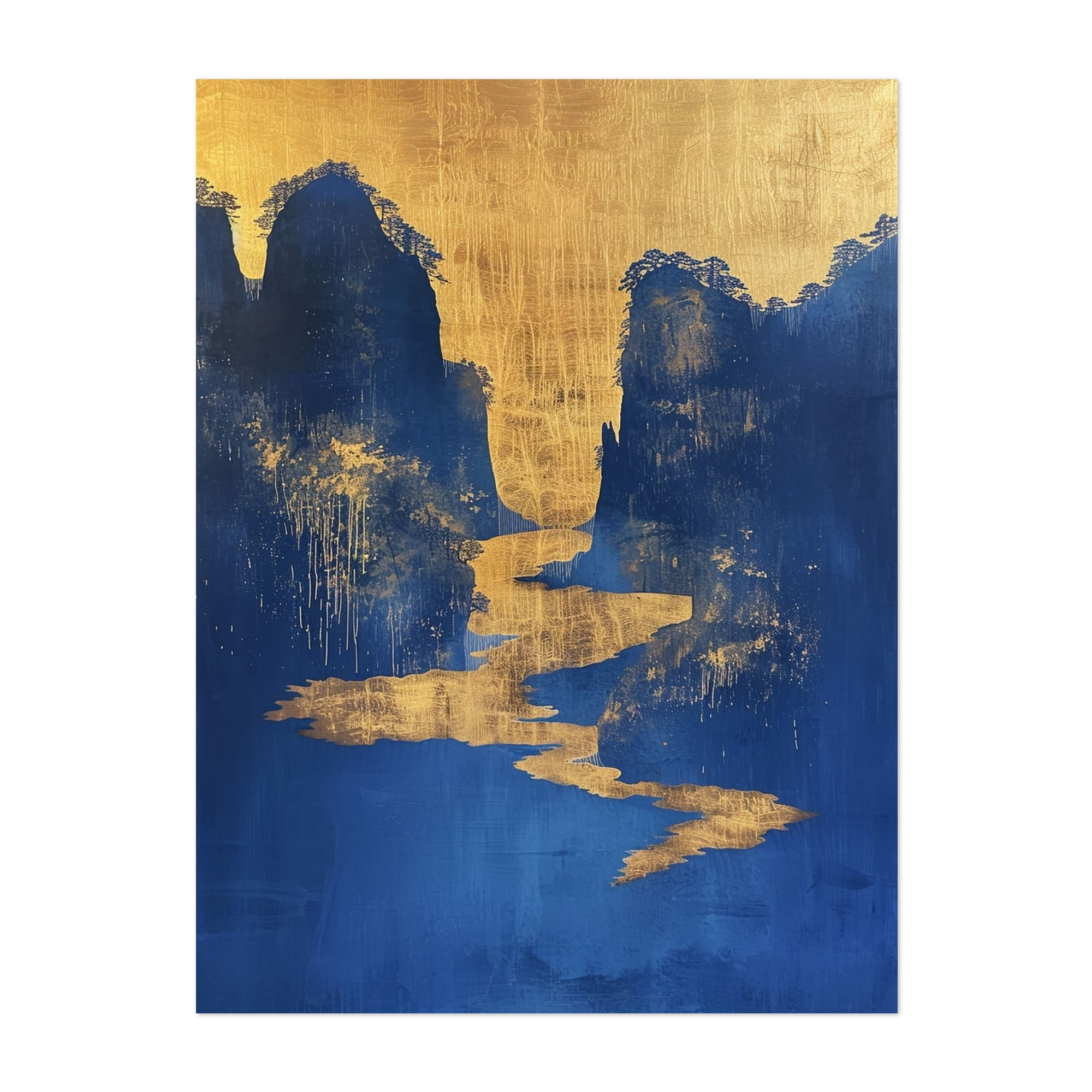 Abstract Blue Mountains with Golden River Flow - Painting Abstract ...