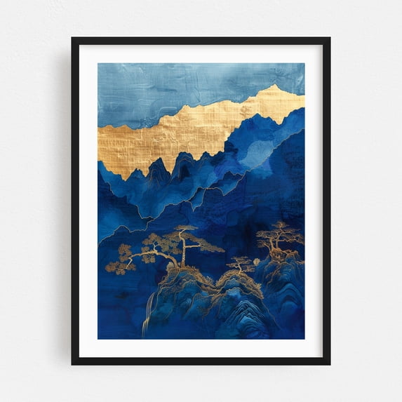 Abstract Blue Mountains with Golden Accents and Pine Trees Landscape ...