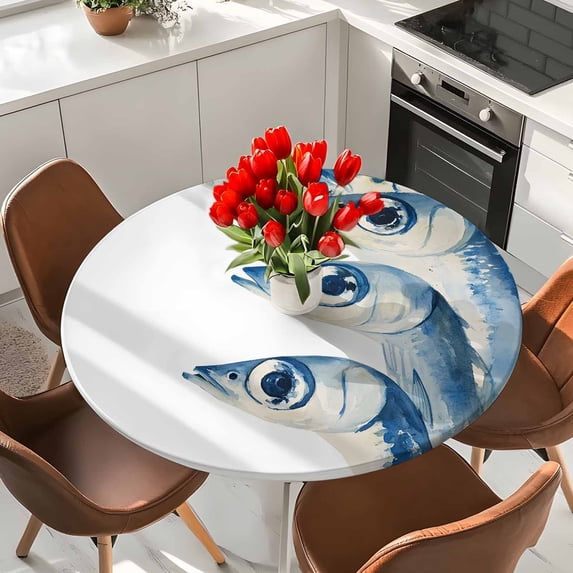 Abstract Blue Ocean Fish Round Fitted Tablecloth with Elastic Edge ...