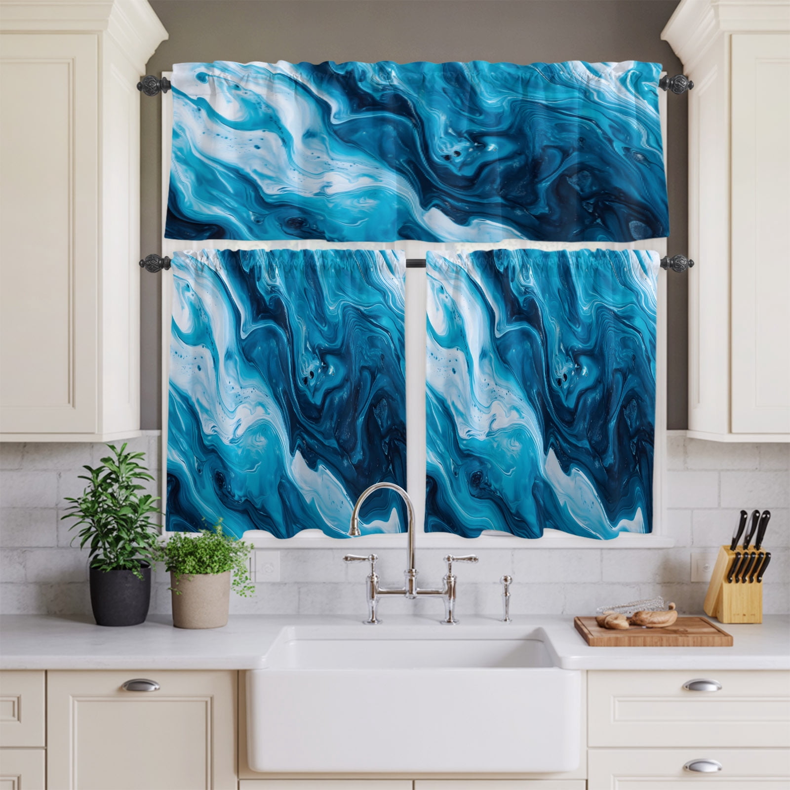 Abstract Blue Ocean Flowing Curtain Tier and Valance Set 3 Piece,Sea ...