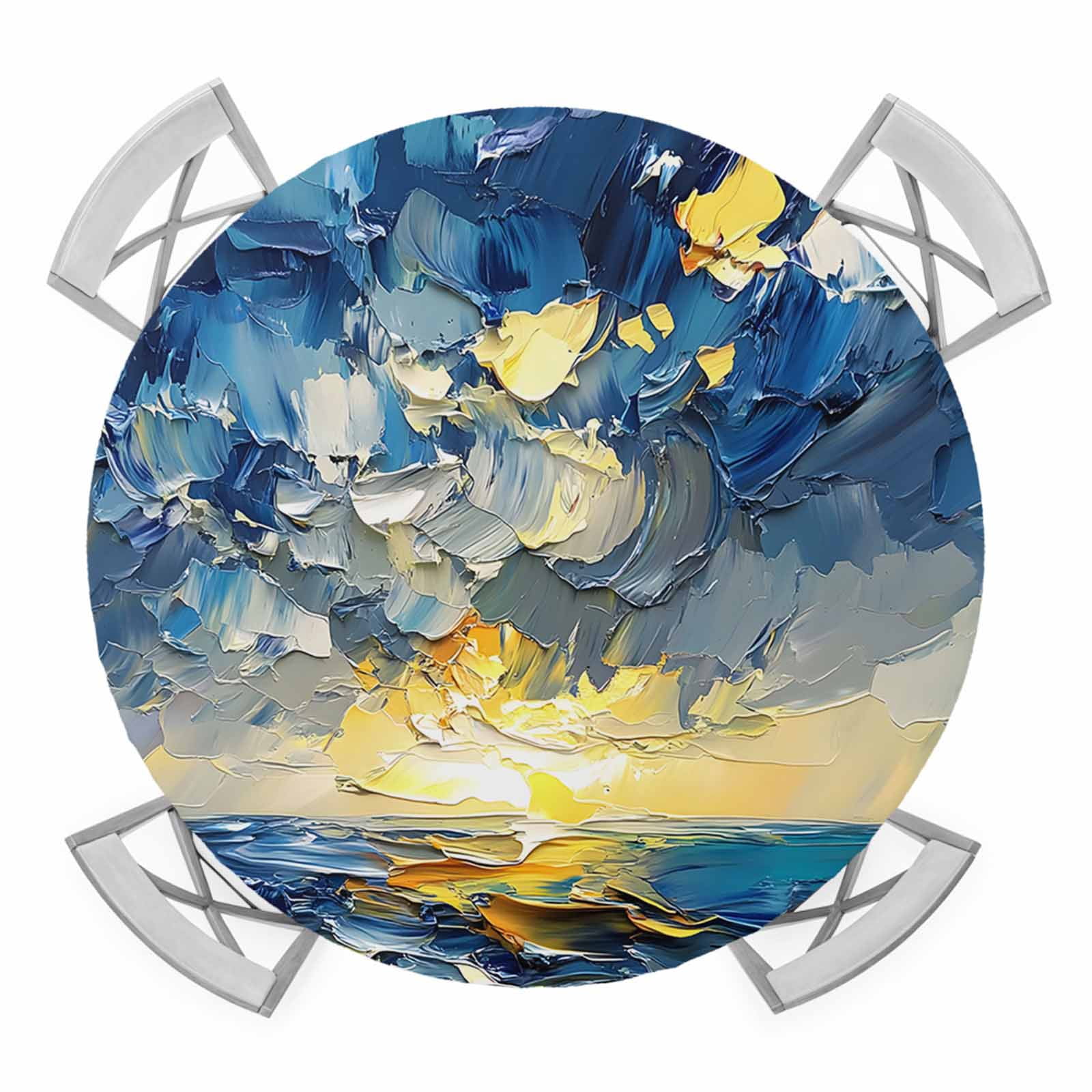 Abstract Blue Ocean Sky Sunshine Elastic Fitted Round Table Cover Oil ...