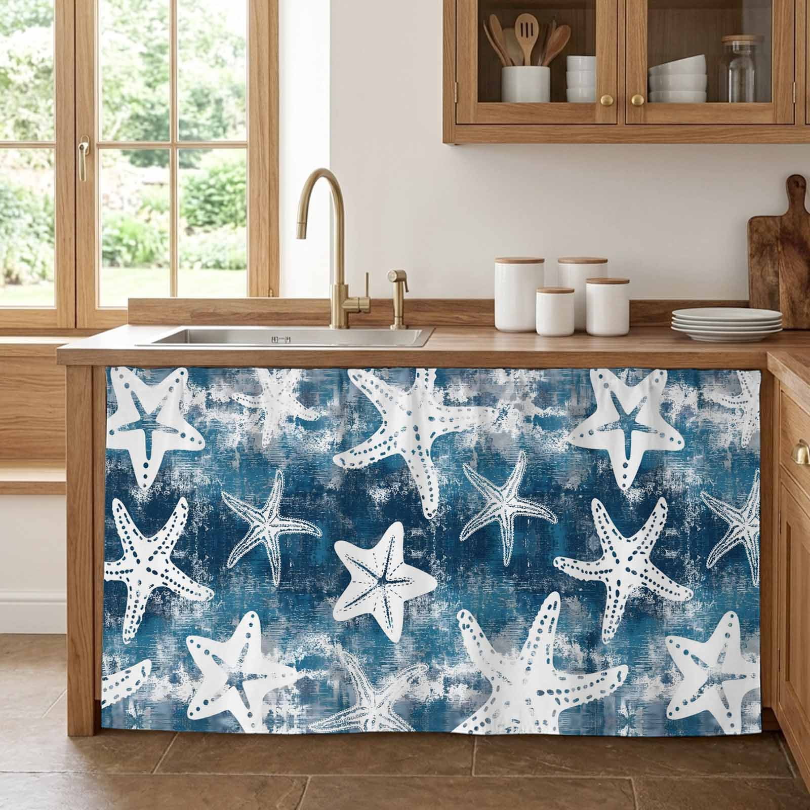 Abstract Blue Ocean Starfish Cabinet Curtains for Kitchen 32"Wx55"L ...