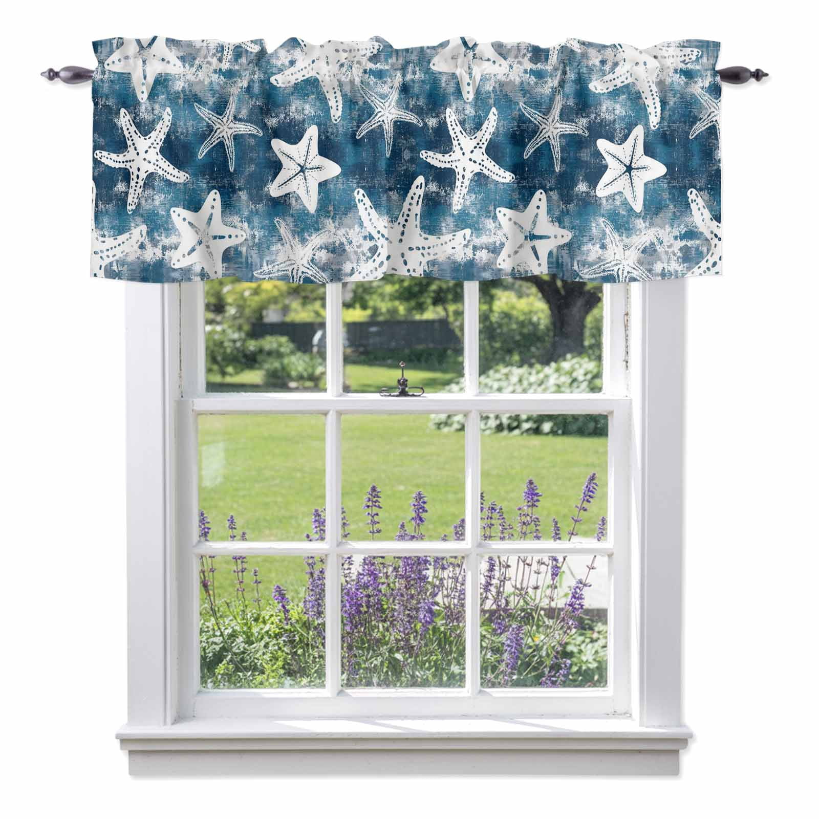 Abstract Blue Ocean Starfish Valances for Windows, Vintage Nautical ...