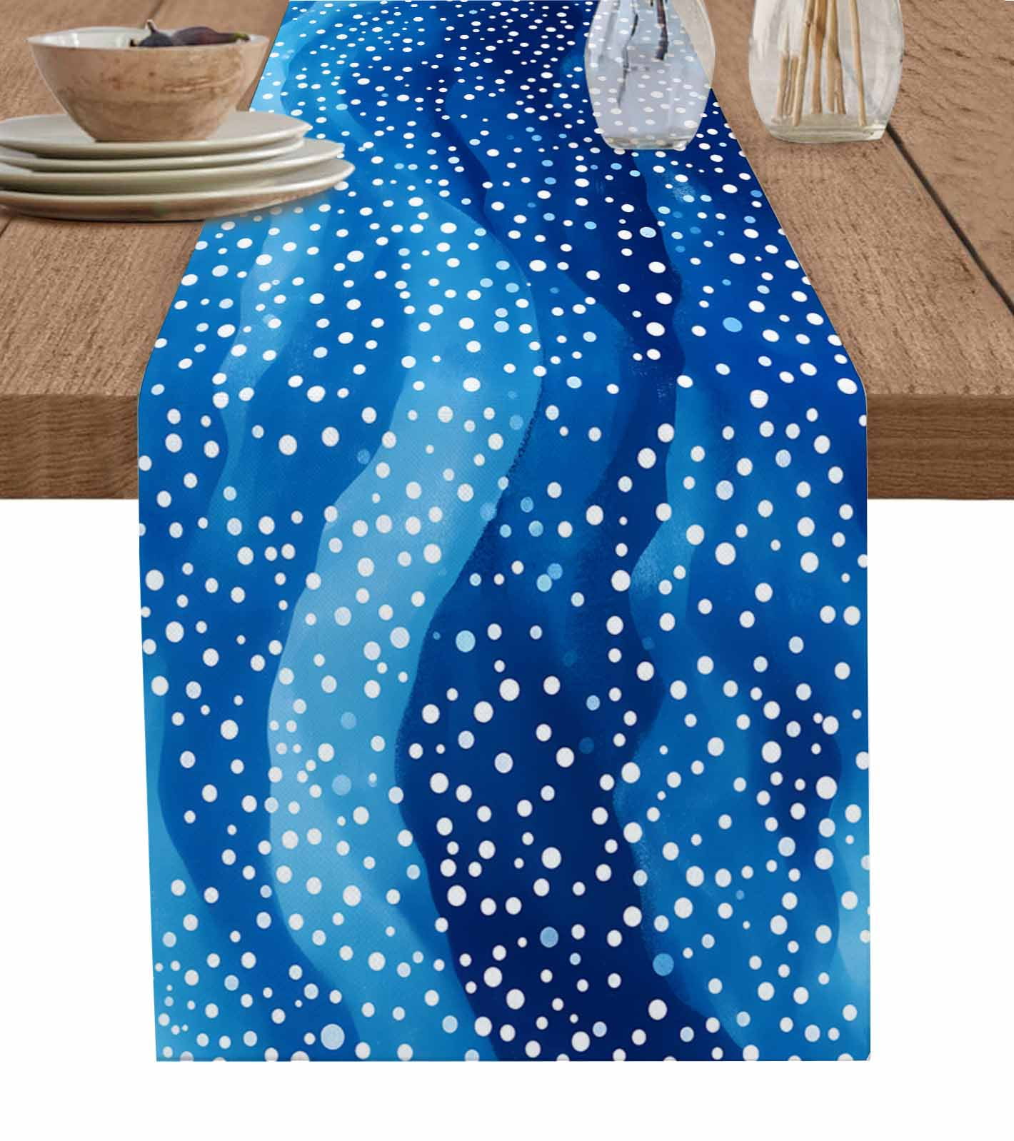 Abstract Blue Ocean Waves Table Runner Cotton Linen 36 Inch Holiday ...