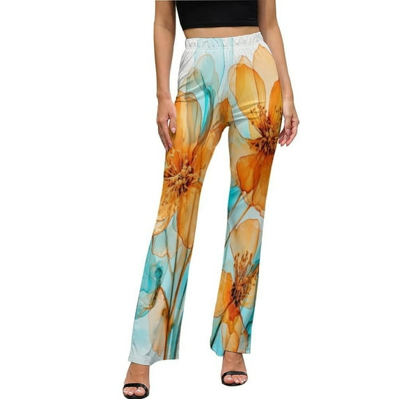 Abstract Blue Orange Flowers High Waisted Casual Flared Trousers Summer ...