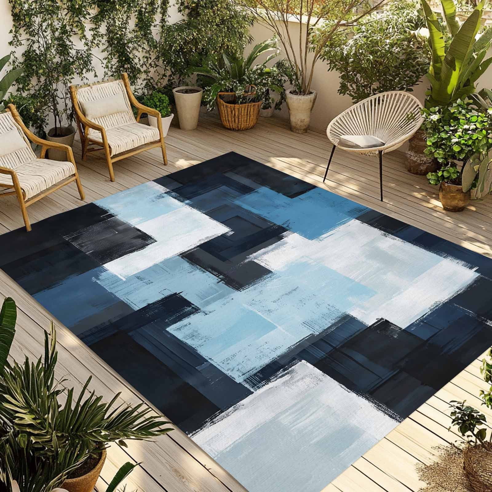 Abstract Blue Outdoor Rug, White Black Color Block Geometric Oil ...