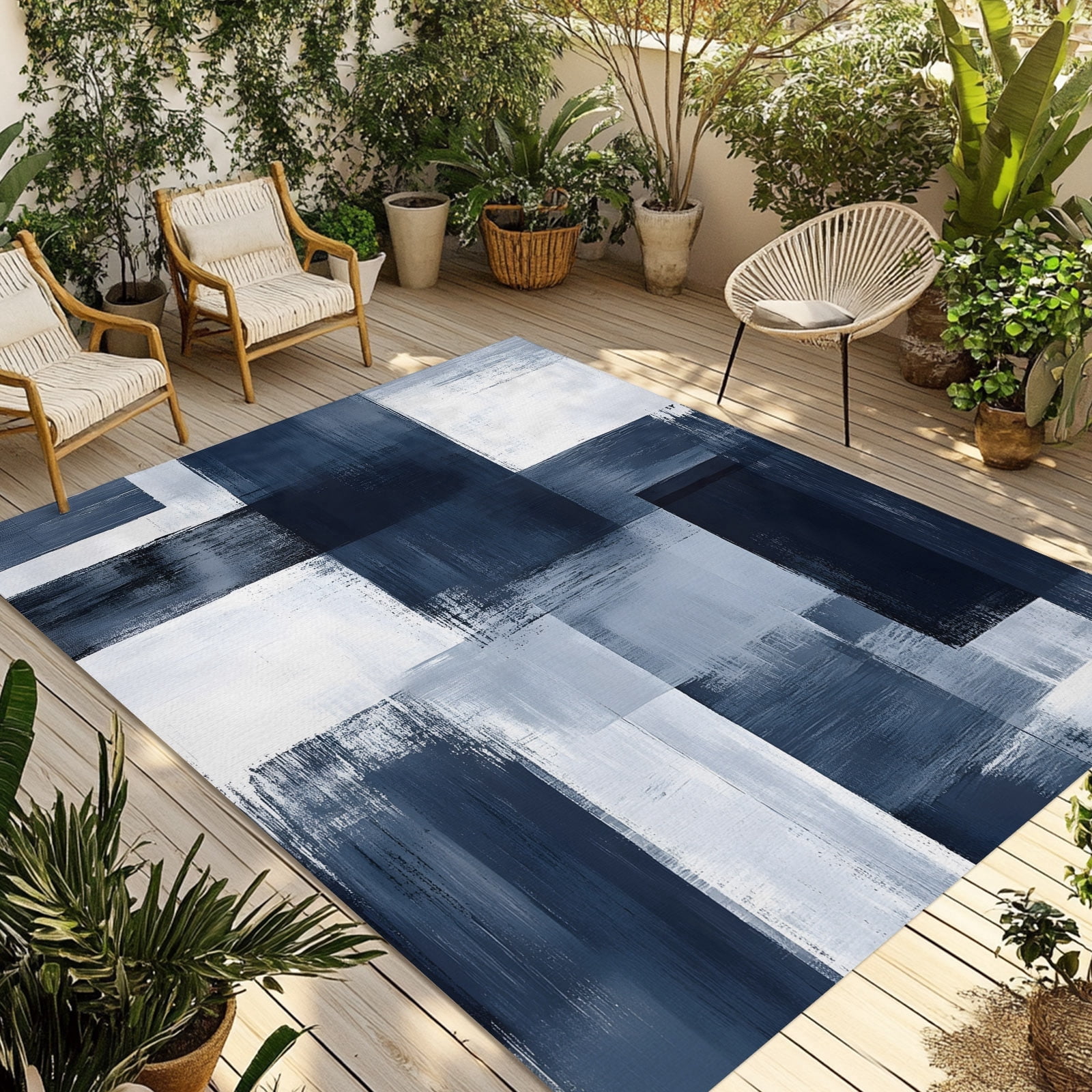 Abstract Blue Outdoor Rug, White Graffiti Art Plaid Color Block Modern ...