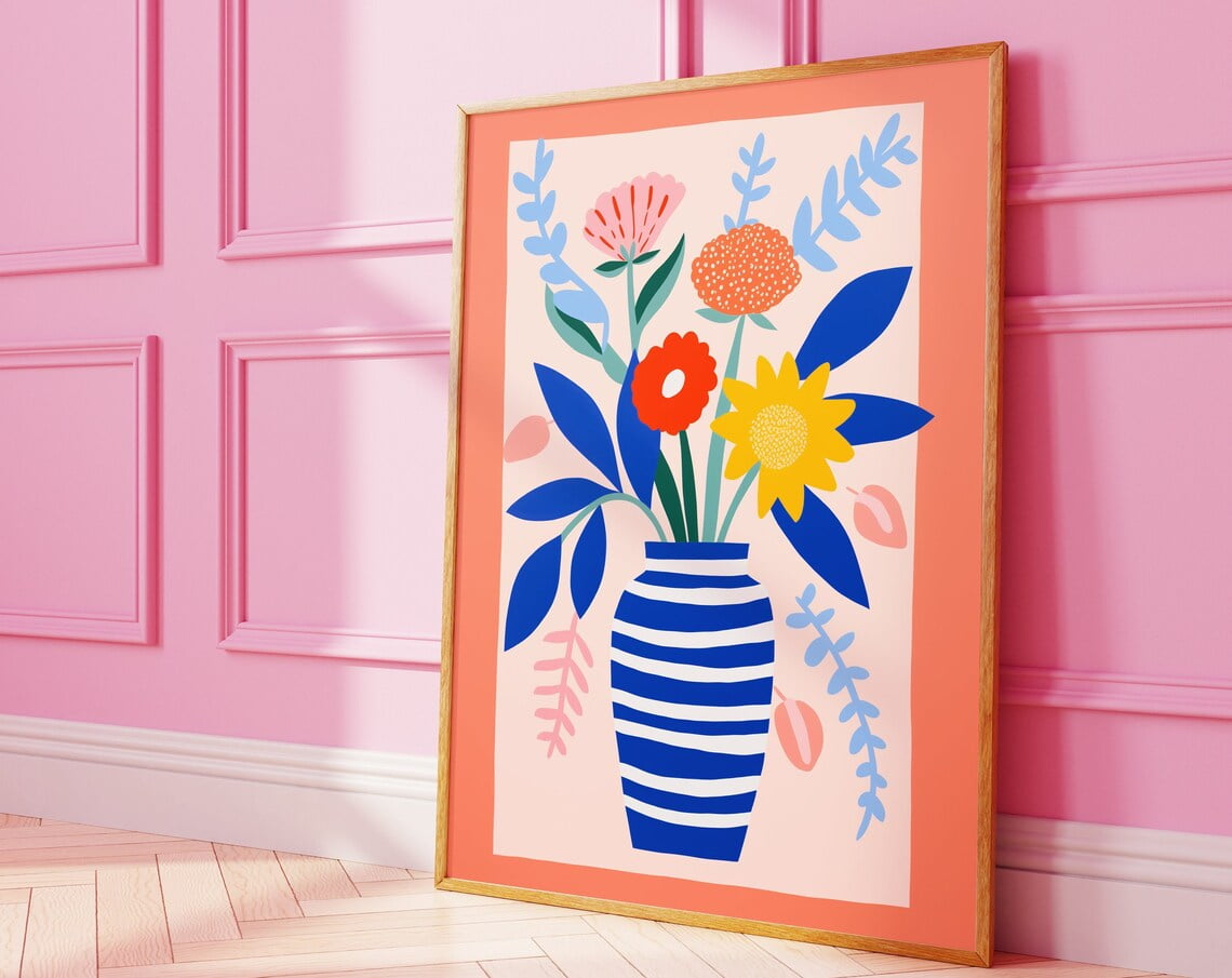 Abstract Blue Pink Floral Art • Trendy Funky Flowers Print • Retro ...