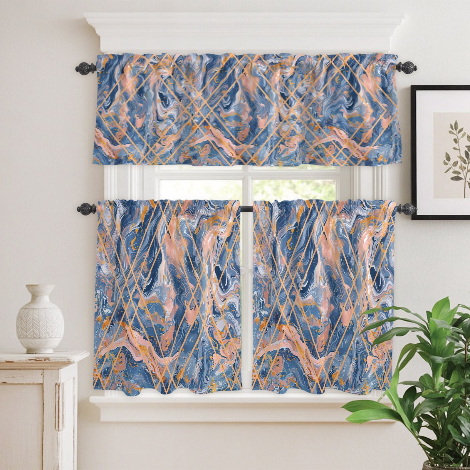 Abstract Blue Pink Marble Stone Curtain Tier and Valance Set 3 Piece ...