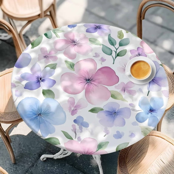 Abstract Blue Pink Wild Flower Round Fitted Tablecloth with Elastic ...