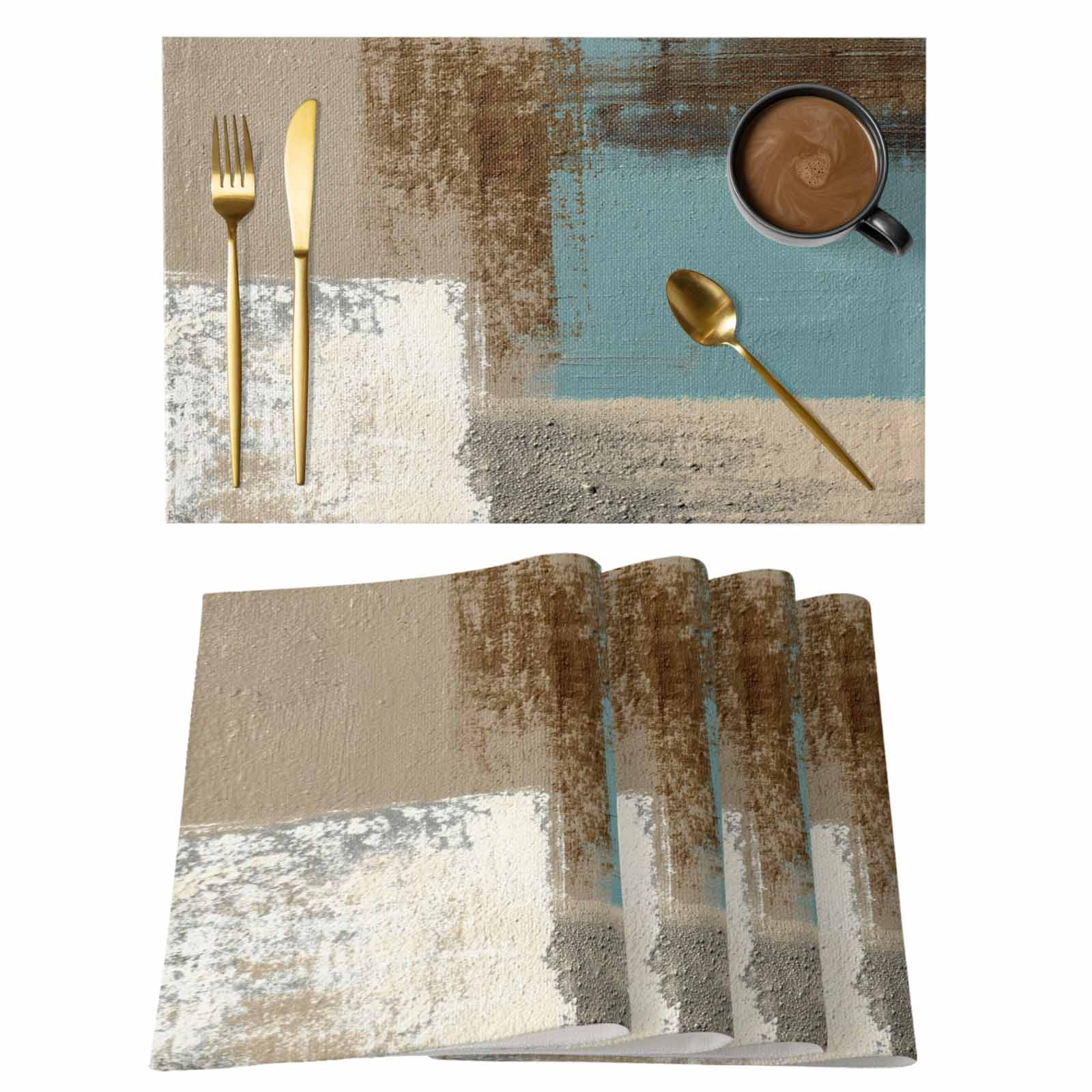 Abstract Blue Placemats Set of 12 Brown Vintage Oil Painting Mottled ...