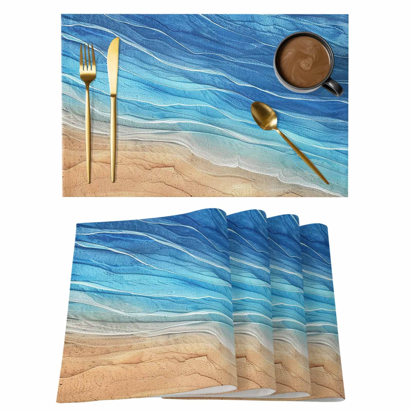 Abstract Blue Placemats Set of 4, Ocean Beach Waves Lines Gradient Non ...