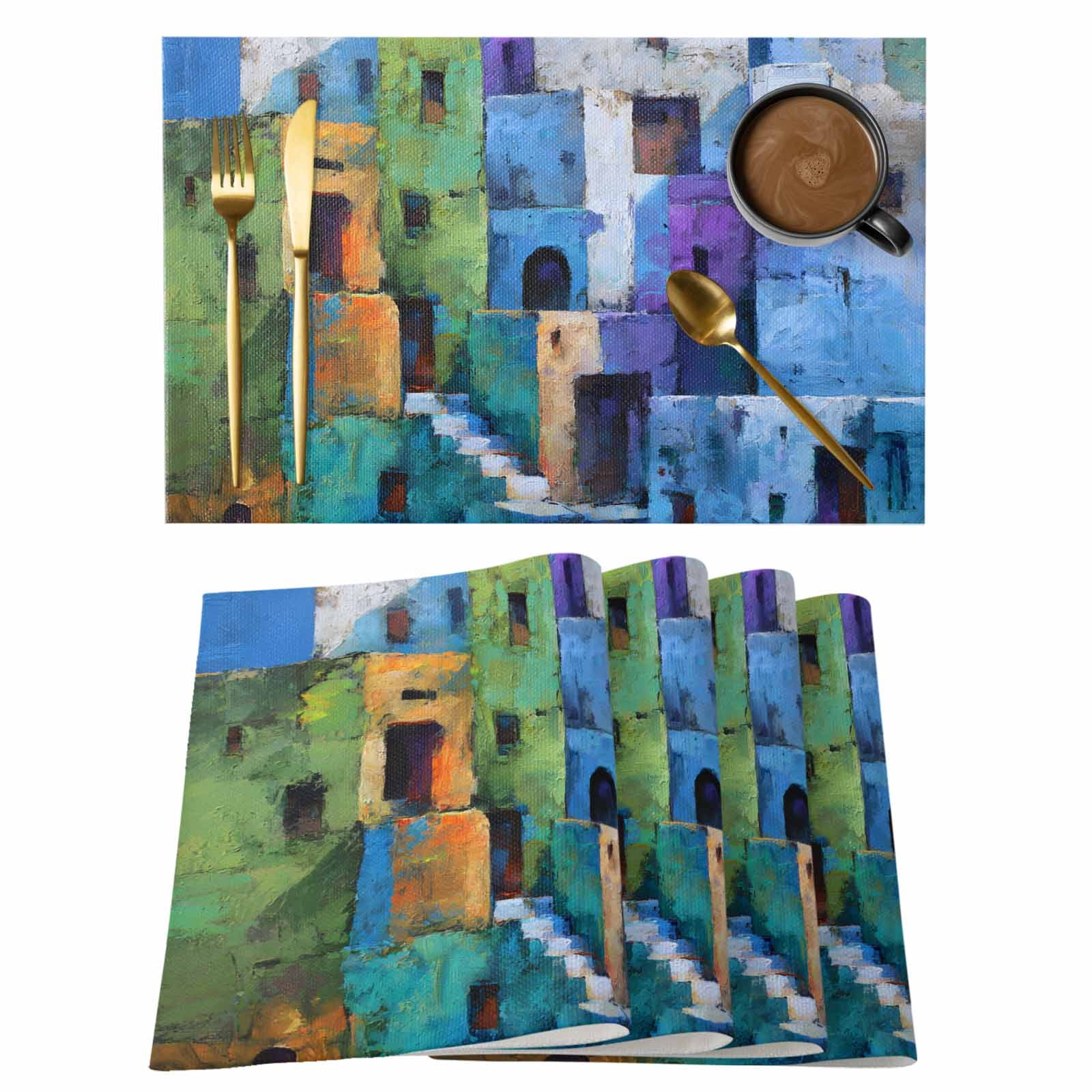 Abstract Blue Placemats Set of 8 Painting Buildings Geometric Modern ...