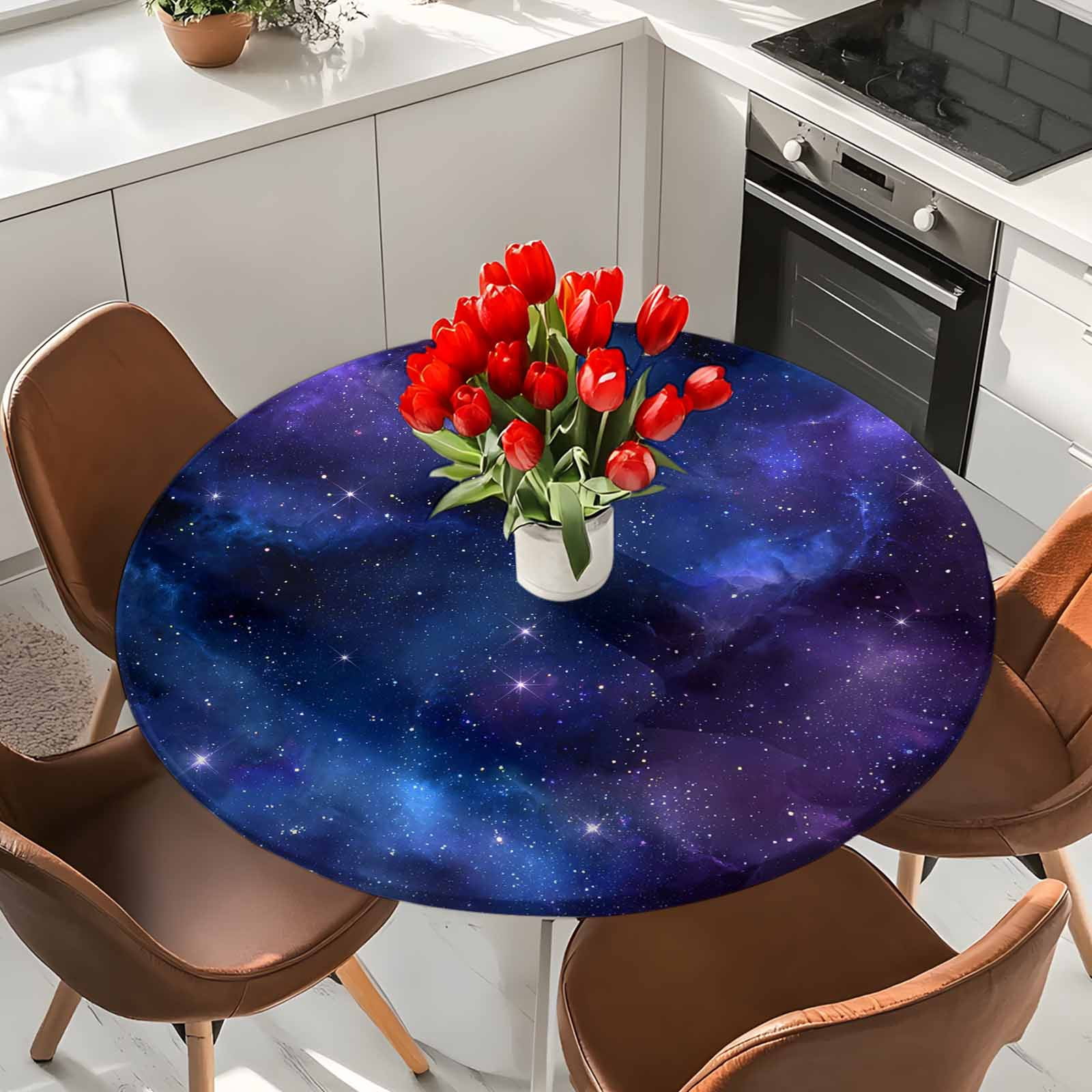 Abstract Blue Purple Starry Sky Round Fitted Tablecloth with Elastic ...