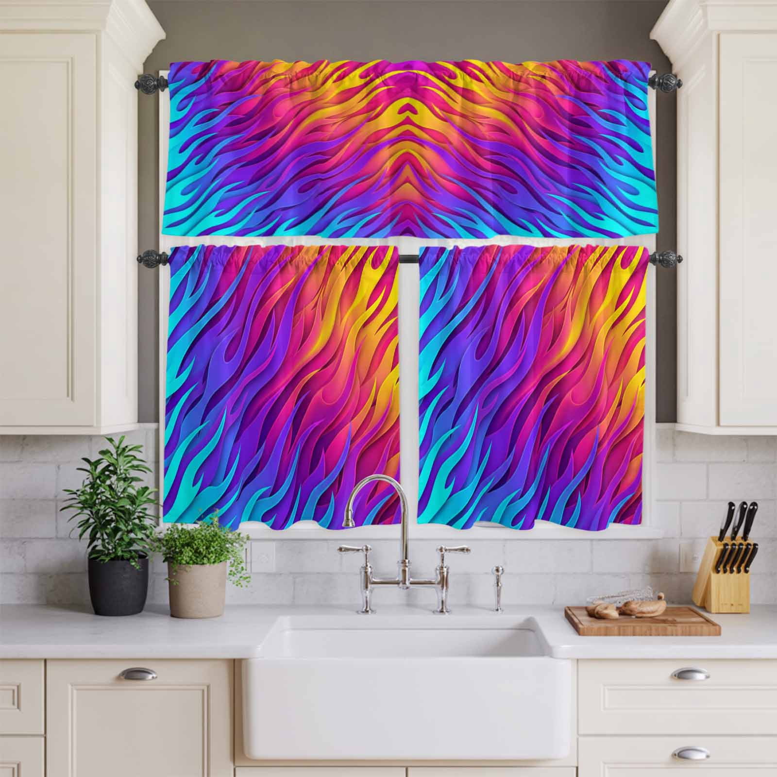 Abstract Blue Purple Stripe Curtain Tier and Valance Set 3 Piece,Modern ...