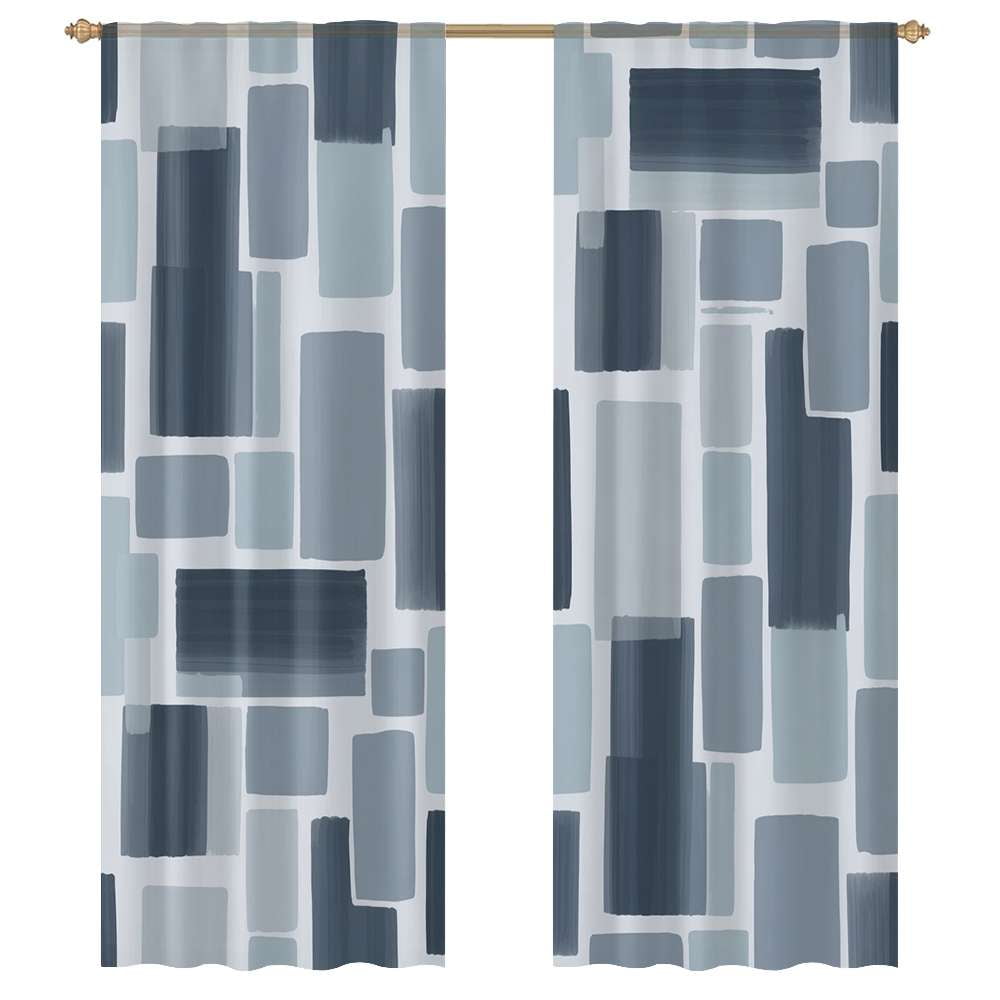 Abstract Blue Rectangle Pattern Sheer Window Curtains for Living Room ...