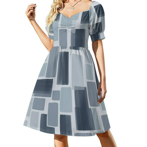 Abstract Blue Rectangle Pattern Short Sleeve Dress Clothes Women's ...