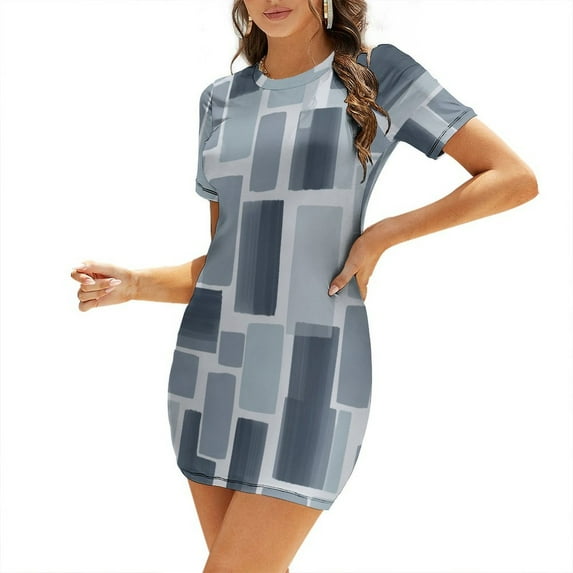 Abstract Blue Rectangle Pattern Short Sleeve Dress Evening Dress Woman ...