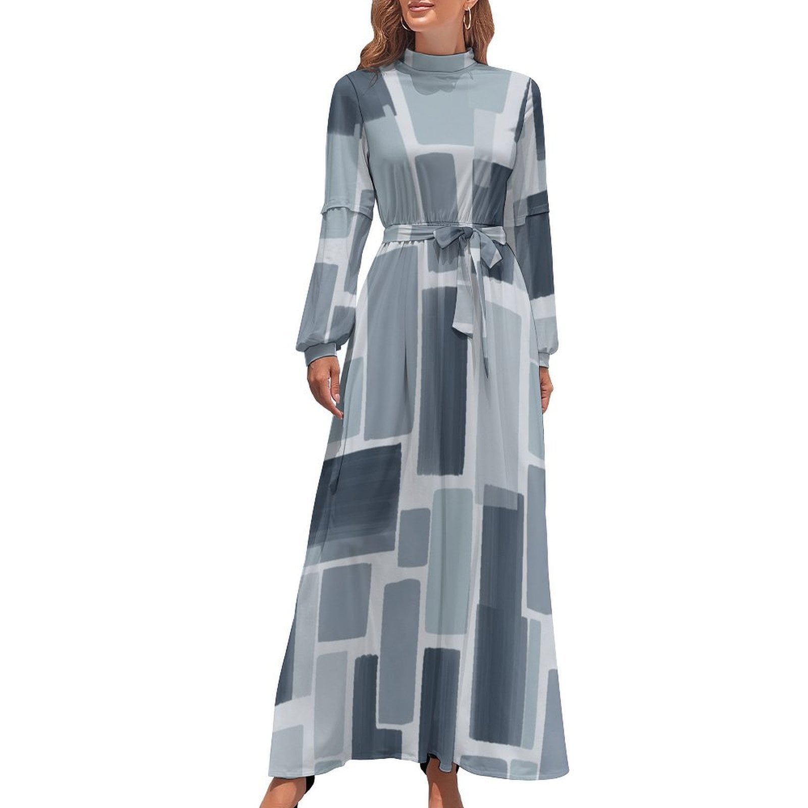 Abstract Blue Rectangle Pattern Women's Long Dress Long Sleeves Dress ...